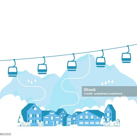 스키 리프트가있는 스키 리조트 휴가 알프스에서 겨울 야외 휴가 활동 스포츠 산 전망과 숲 풍경 알파인 마을 샬레 플랫 스타일 스키 리프트에 대한 스톡 벡터 아트 및 기타