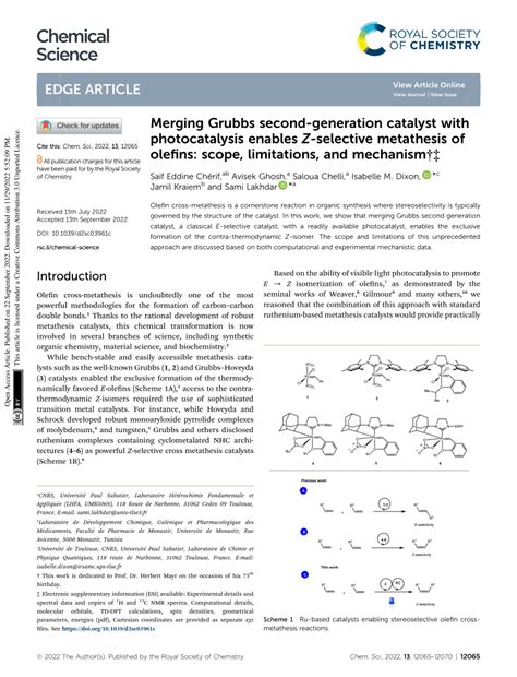 Pdf Merging Grubbs Second Generation Catalyst With Photocatalysis Enables Z Selective