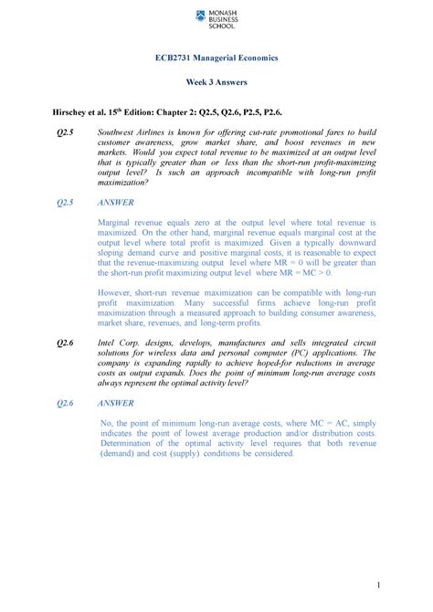 Managerial Economics Week 3 Economic Optimisation Answers Ecb2731 Managerial Economics Week 3