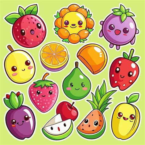귀여운 만화 과일 스티커 세트 프리미엄 벡터