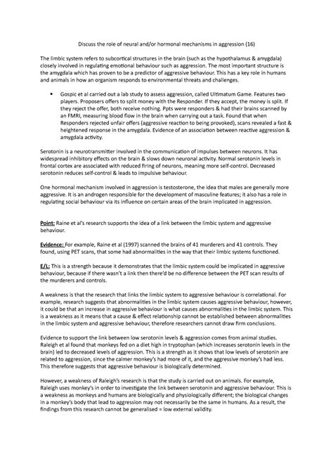 Role Of Neural Hormonal Discuss The Role Of Neural And Or Hormonal Mechanisms In Aggression