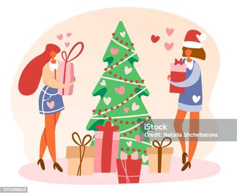 평면 만화 소녀 또는 여성 부부는 장식 크리스마스 트리 근처에 서서 겨울 휴가를 준비하는 선물 상자를 들고 벡터 절연 그림입니다 겨울에 대한 스톡 벡터 아트 및 기타 이미지