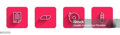 A 플러스 등급 지우개 또는 고무 울리는 알람 벨 및 긴 그림자가 있는 편지지 칼이 있는 라인 시험 시트를 설정합니다 빨간색