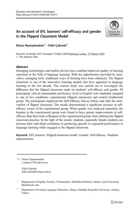 Pdf An Account Of Efl Learners Self Efficacy And Gender In The Flipped Classroom Model