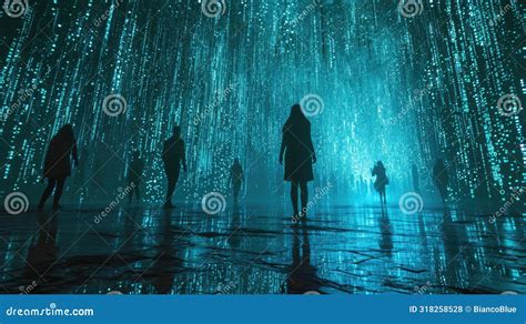 The Group People Try Searching Something In Digital Matrix Binary Code