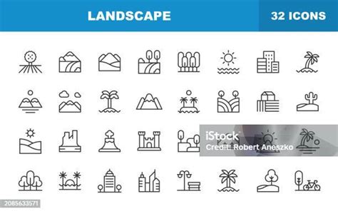 가로 선 아이콘 편집 가능한 획 해변 도시 시골 숲 섬 자연 산 야외 공원 여름 열대 정원 바다와 같은 아이콘이 포함되어 있습니다 경관에 대한 스톡 벡터 아트 및 기타