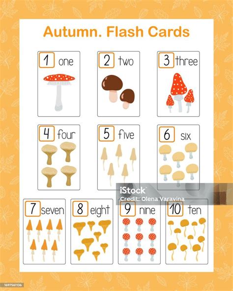 가을 버섯 추수 감사절 영어 어휘 학습 인쇄 가능한 플래시 카드 어린이를위한 교육 휴일 워크 시트 보육원 유치원 유치원 또는 여가 활동 교사 자원 게임 0명에 대한 스톡