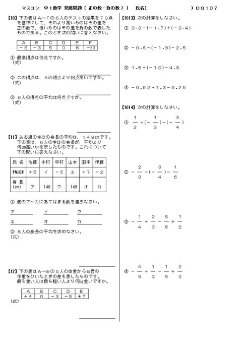 無料 中1数学 発展問題 問題プリント 正の数・負の数7