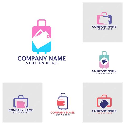 여행 가방 로고 디자인 컨셉 벡터 여행 가방 로고 디자인 템플릿이 포함된 지갑 세트 프리미엄 벡터