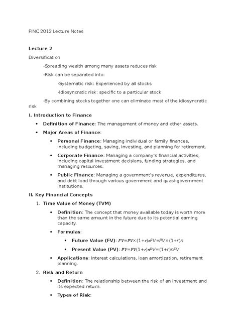 FINC Lecture Notes FINC Lecture Notes Lecture Diversification Spreading Wealth