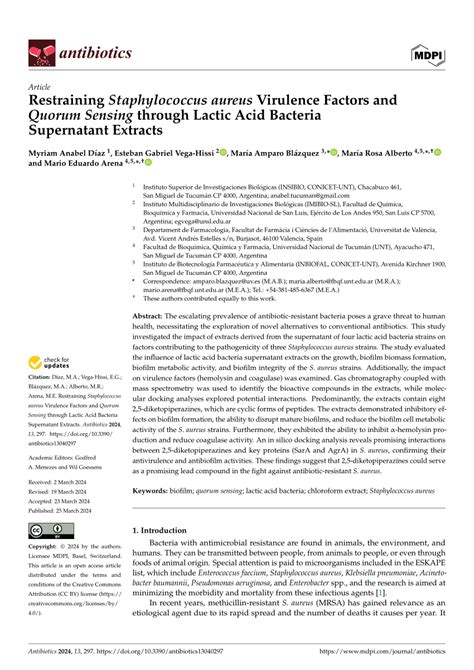 Pdf Restraining Staphylococcus Aureus Virulence Factors And Quorum Sensing Through Lactic Acid