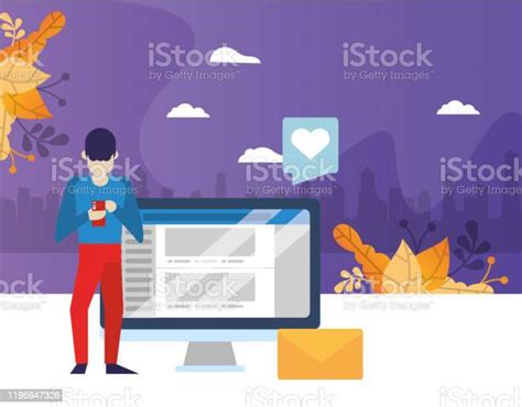 소셜 미디어 앱과 스마트 폰과 데스크톱을 사용하는 남자 개념에 대한 스톡 벡터 아트 및 기타 이미지 개념 고객 참여 남성 Istock