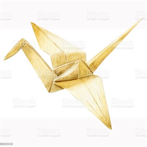 일본 종이 크레인 전통적인 종이 접기 크레인은 베이지 색입니다 수채화 그림입니다 아름 다운 귀여운 손으로 그린 그림 엽서 아시아 문화 종이접기에 대한 스톡 벡터 아트 및