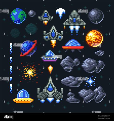 Retro Space Arcade Game Pixel Elements Invaders Spaceships Planets And Ufo Vector Set Video