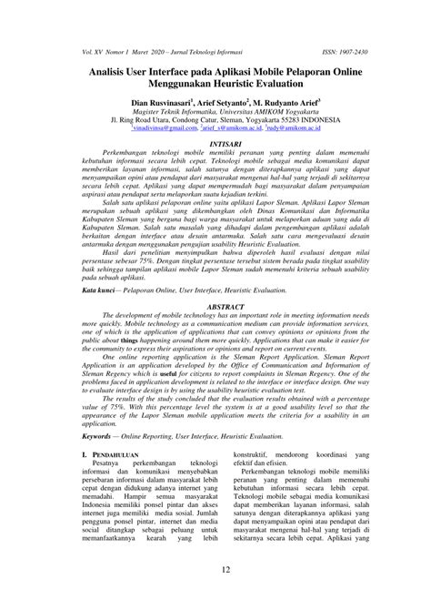 Pdf Analisis User Interface Pada Aplikasi Mobile Pelaporan Online Menggunakan Heuristic Evaluation