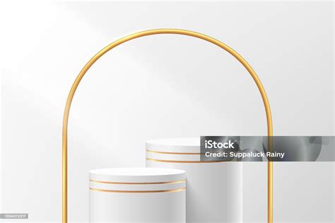추상 적인 3d 흰색과 금색 실린더 받침대 또는 황금 아치 배경으로 연단에 서십시오 제품 디스플레이 프리젠 테이션을위한 고급 흰색 최소 벽 장면 벡터 기하학적 렌더링 플랫폼