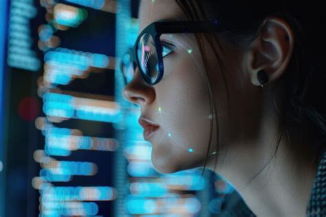 Premium Photo Woman Analyzing Data On Digital Screens At Night