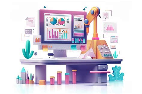 3d Illustration Of A Desk With A Computer Robot Arm And Data Analysis Stock Illustration