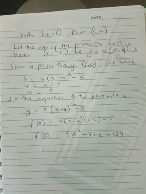 [solved] find a function f whose graph is a parabola with the given vertex course hero