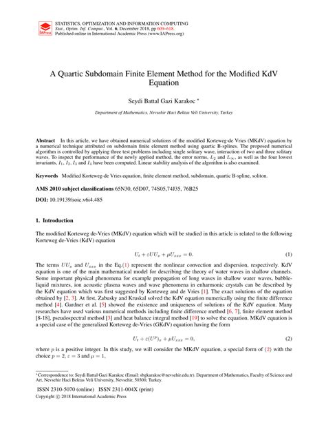 Pdf A Quartic Subdomain Finite Element Method For The Modified Kdv Equation