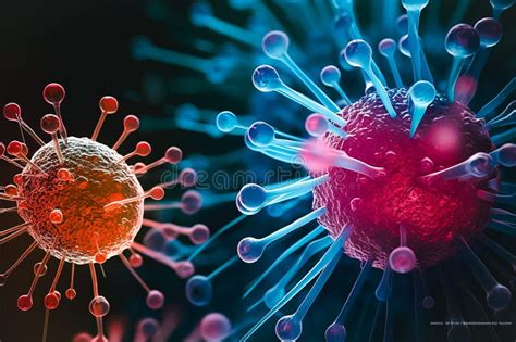 A Microscopic Image Of A Virus Attacking A Cell Generative Ai Stock Illustration