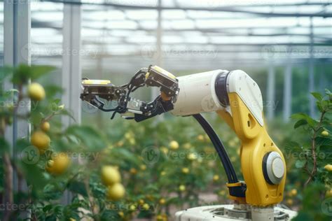 Robotic Arm In Action On A High Tech Agriculture Farm Concept Precision Planting And Harvesting