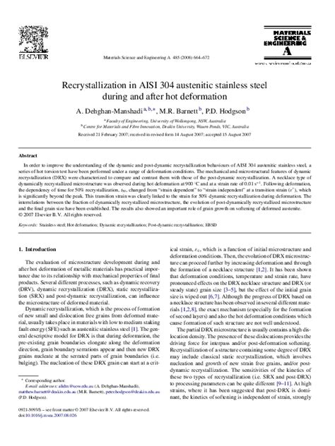 Pdf Recrystallization In Aisi 304 Austenitic Stainless Steel During And After Hot Deformation