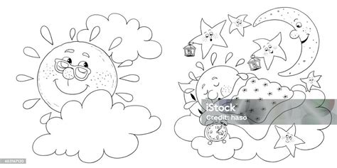 귀여운 태양의 두 사진 어린이를위한 그림 색칠 페이지입니다 재미있는 만화 캐릭터 0명에 대한 스톡 벡터 아트 및 기타 이미지 0명 구름 귀여운 Istock