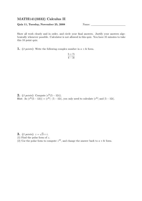 Quiz 11 Questions Calculus Ii Math 141 Docsity