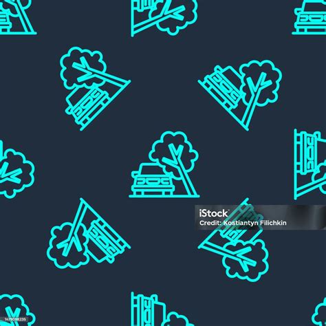 녹색 선 자동차는 타락한 나무 아이콘으로 인해 파란색 배경에 매끄러운 패턴을 격리했습니다 자동차 보험 케이스 나무와 자동차 충돌