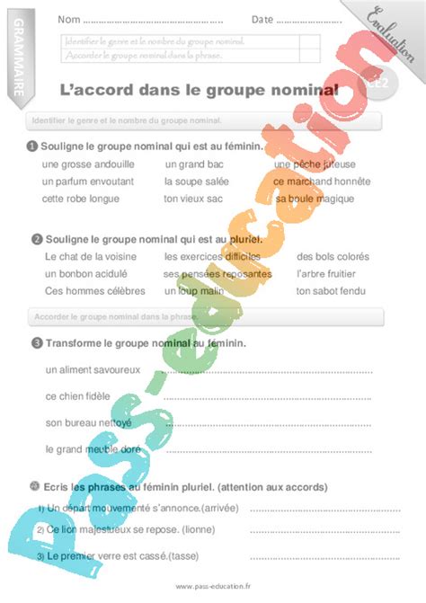 Evaluation Groupe nominal CE2 Bilan et controle corrigé pdf à imprimer
