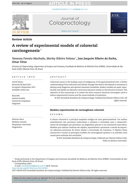 Pdf A Review Of Experimental Models Of Colorectal Carcinogenesis
