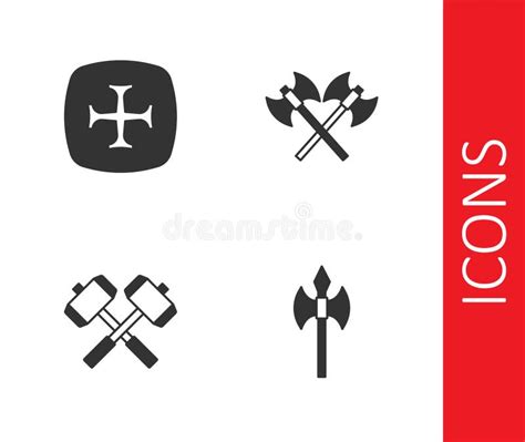 Set Medieval Axe Crusade Crossed Battle Hammers And Medieval Axes Icon Vector Stock