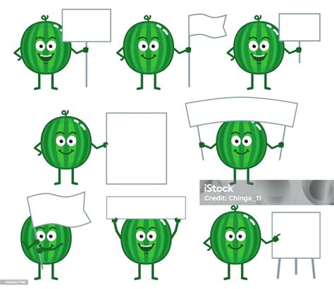 다른 빈 배너로 포즈 만화 박 캐릭터의 집합입니다 쾌활 한 수 박 지주 종이 포스터 화이트 보드를 가리키는 가르쳐 홍보 가리키기에 대한 스톡 벡터 아트 및 기타 이미지