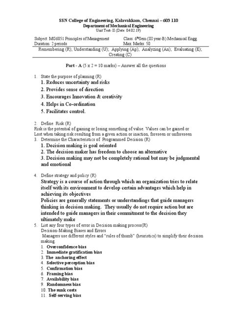 Pom Ut2 Qp Answer Key Download Free Pdf Decision Making Risk