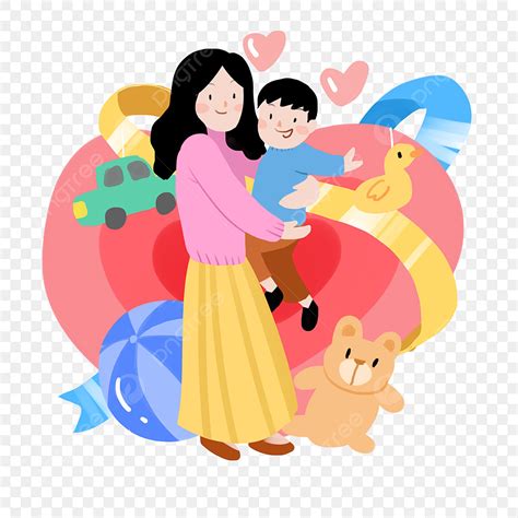 엄마와 아기 문자 일러스트 아름다운 엄마 귀여운 아이 핑크 하트 핑크 하트 인물이 놀아요 Png 일러스트 및 Psd 이미지