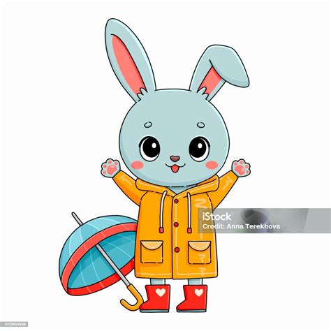 빨간 부츠에 파란색 우산이있는 노란색 비옷을 입은 토끼 벡터 일러스트 레이 션 비옷에 대한 스톡 벡터 아트 및 기타 이미지 비옷 가을 계절 Istock