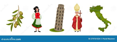 Italy Travel Elements With Pope Map Woman In Traditional Dress Tower