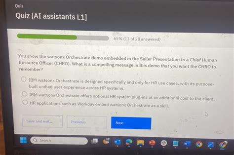 Quiz Quiz Ai Assistants L1 65 13 Of 20 Answered You Show The Watsonx Rchestrate Demo Embedded