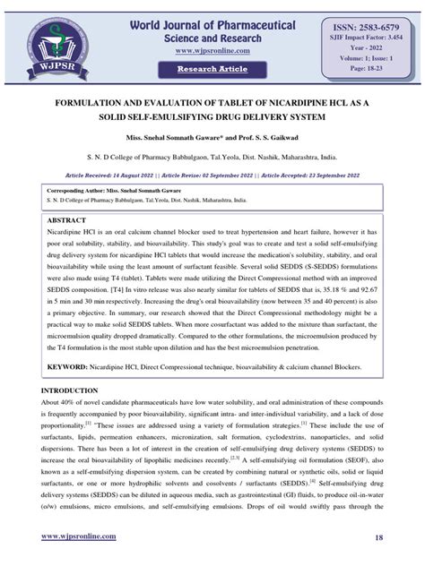Formulation And Evaluation Of Tablet Of Nicardipine Hcl As A Solid Self