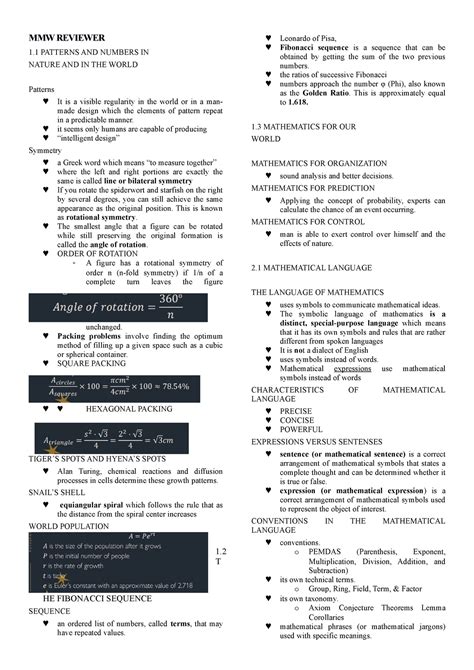 Mmw Reviewer Semester 2 Chapter 1 4 Mmw Reviewer 1 Patterns And Numbers In Nature And In The