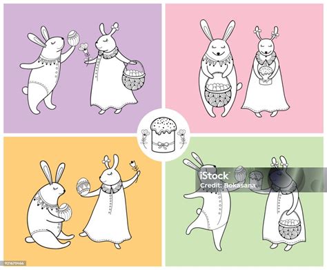 벡터 행복 한 부활절에 고립 된 파스텔 검은색에 개요 부활절 토끼 부부와 전통적인 부활절 기호 설정 개체 그룹에 대한 스톡 벡터 아트 및 기타 이미지 Istock