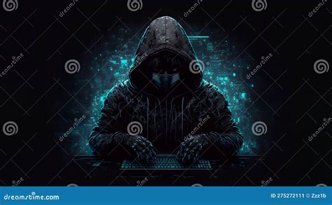 Evil Hacker In Black Hood And Mask On Dark Black Cyan Data Background Neural Network Generated