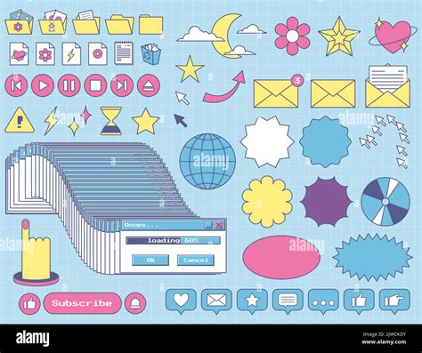 Set Of Retro Computer Ui Nostalgic Elements And Stickers Old Pc 90s User Interface Icons With