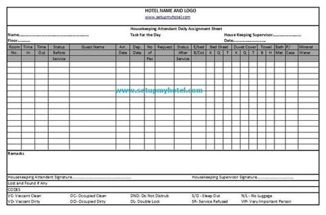 Room Attendant Sheet Maid Daily Assignment Sheet Housekeeping Hotels Assignment Sheet