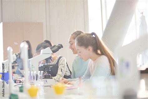 Girl Babes Using Microscope Conducting Scientific Experiment In Laboratory Classroom Stock
