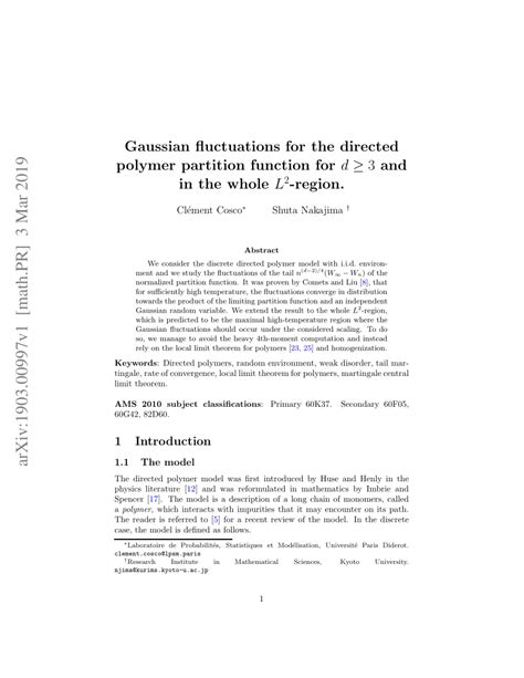 Pdf Gaussian Fluctuations For The Directed Polymer Partition Function For D Geq 3 And In The