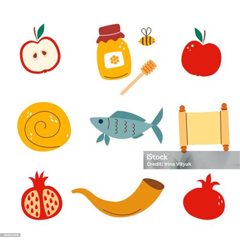 유대인의 새해 사과 꿀 쇼파르 찰라 빵 생선 석류의 심볼을 그리는 손짓 세트 Rosh Hashanah의 벡터 일러스트레이션 가을에 대한 스톡 벡터 아트 및 기타 이미지