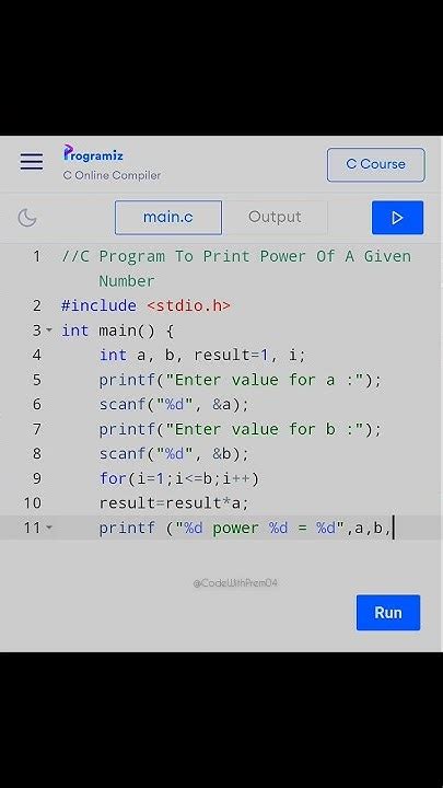 C Program To Print Power Of A Given Number Shortvideo Shorts Computerprogramming Coding