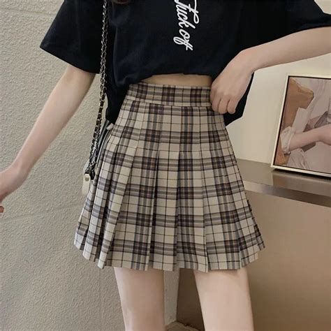 Knee Length Pleated Plaid Skirt Women Plus Size Navy Black Pleated